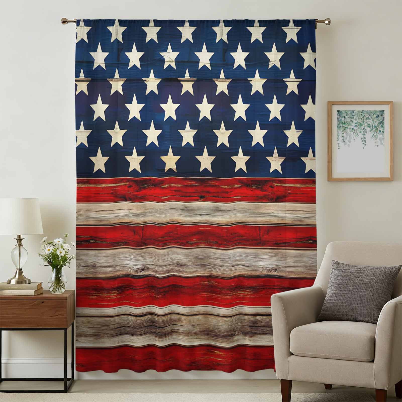 American Flag Sheer Curtains 72 Inches Long, Vintage USA Flag Wooden ...