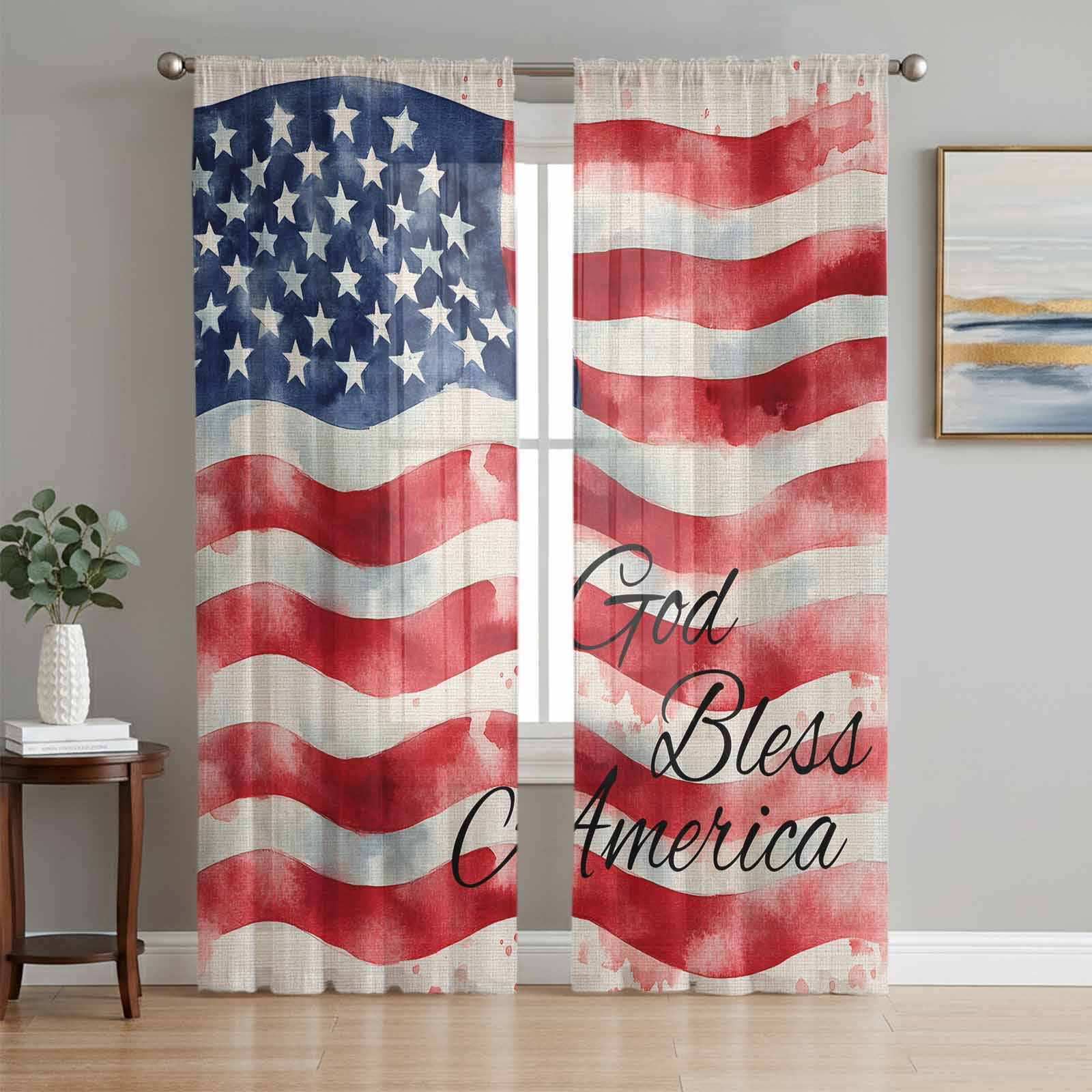 American Flag Sheer Curtains 84 Inch Length 2 Panels Set, Rustic ...