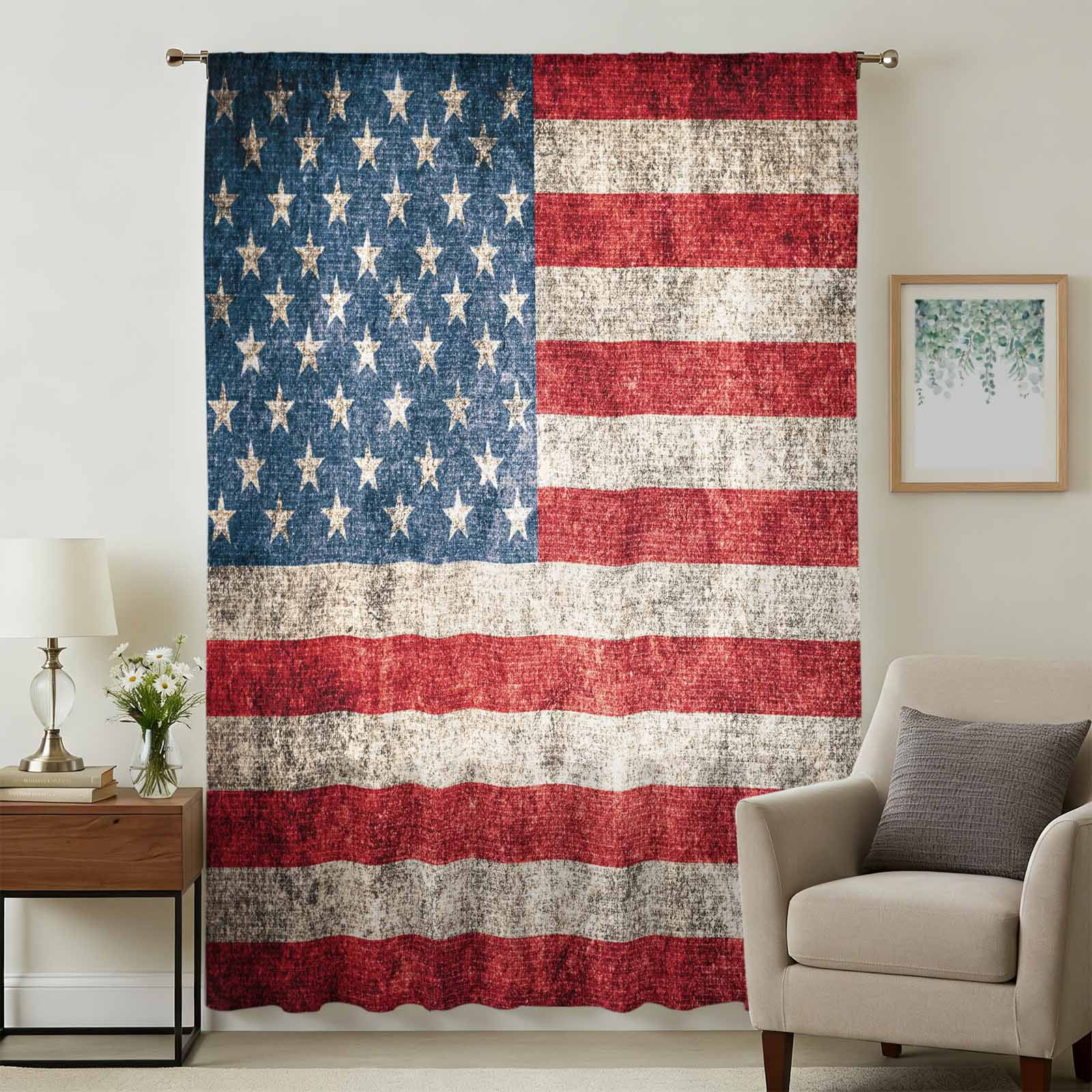 American Flag Sheer Curtains 84 Inches Long, Vintage Blue Red USA Flag ...