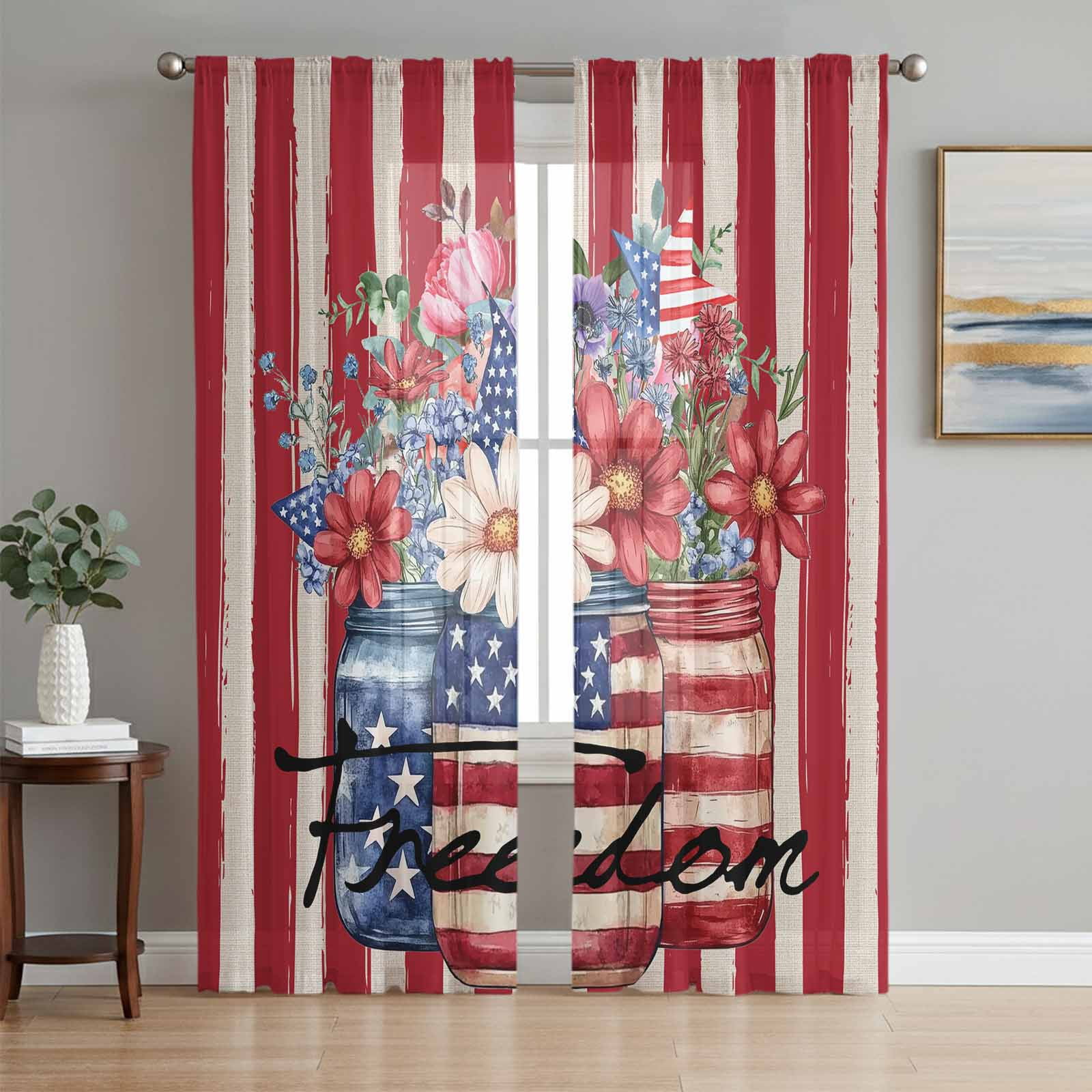 American Flag Sheer Curtains 96 Inch Length 2 Panels Set, Red Stripe ...