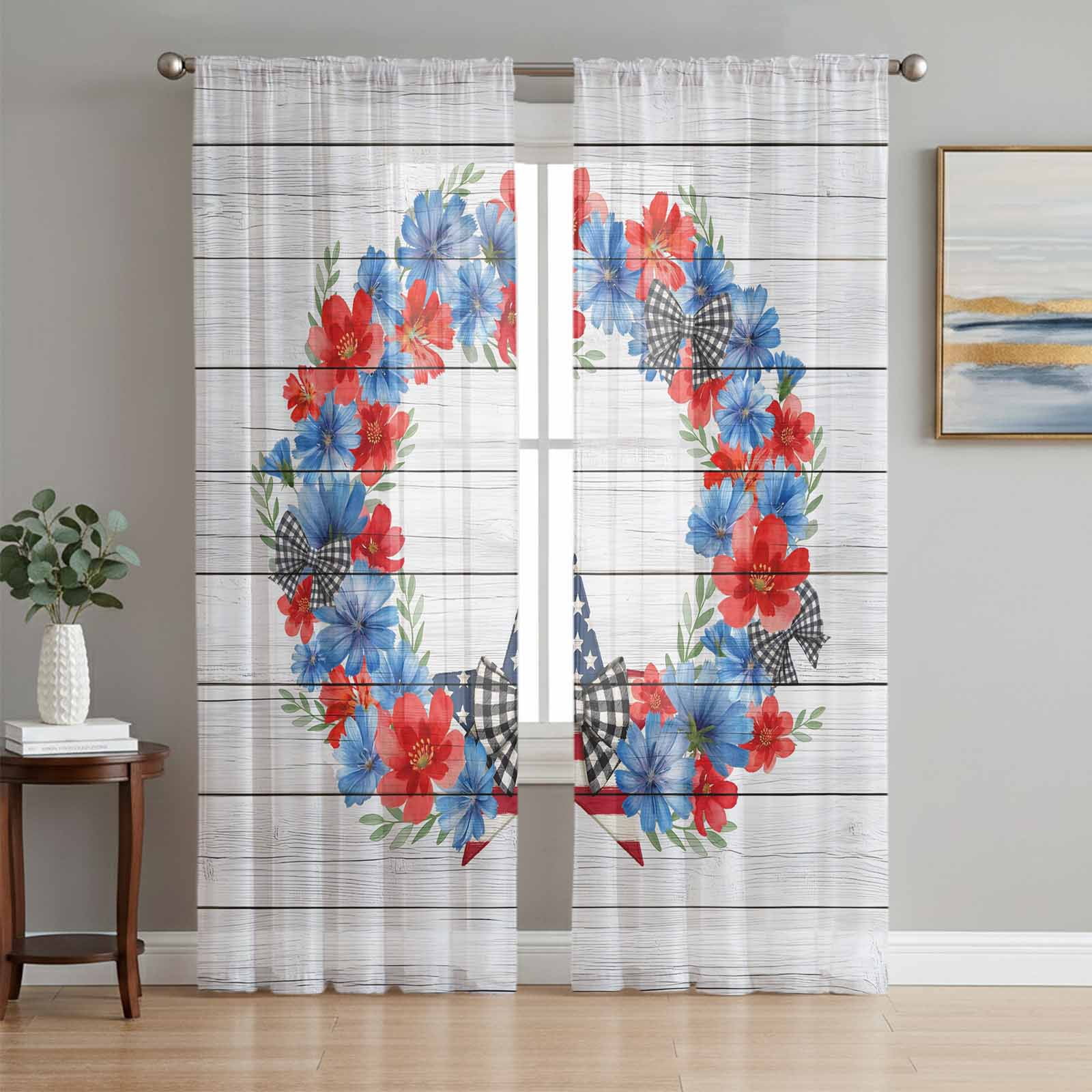 American Flag Sheer Curtains for Living Room Bedroom Blue Red Flowers ...