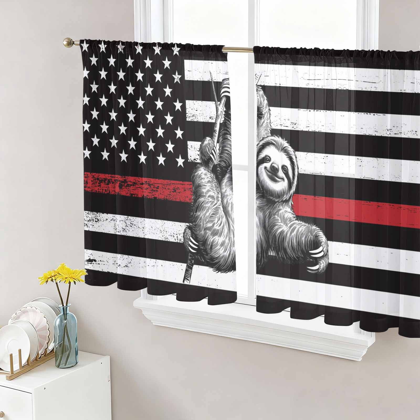 American Flag Sheer Curtains for Living Room Bedroom Cute Sloth Star ...