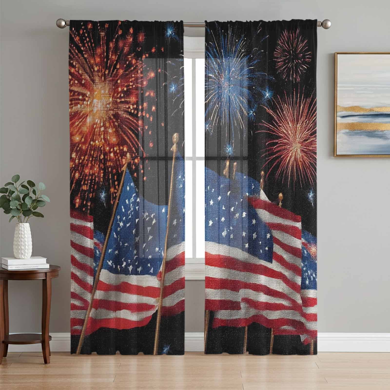 American Flag Sheer Curtains for Living Room Bedroom Fireworks Red Blue ...
