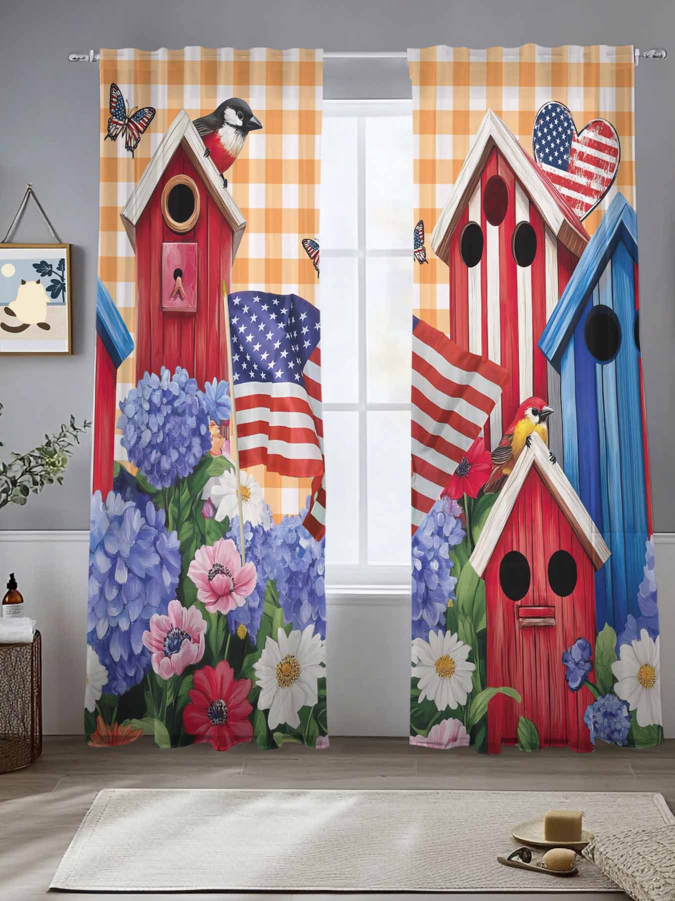 American Flag Sheer Curtains for Living Room Bedroom Floral Birds House ...