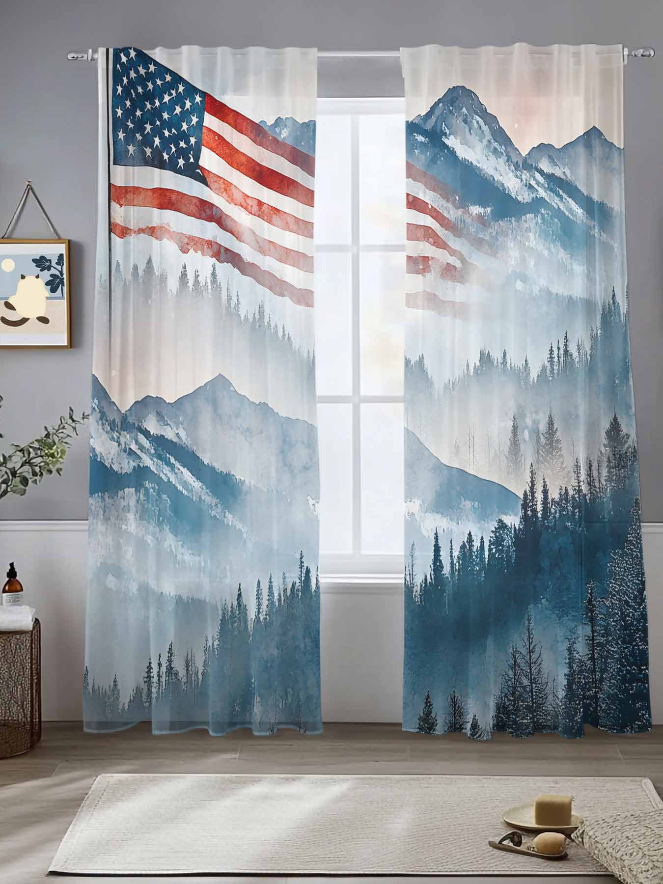 American Flag Sheer Curtains for Living Room Bedroom Forest 4th of July Independence Day Sheer ...