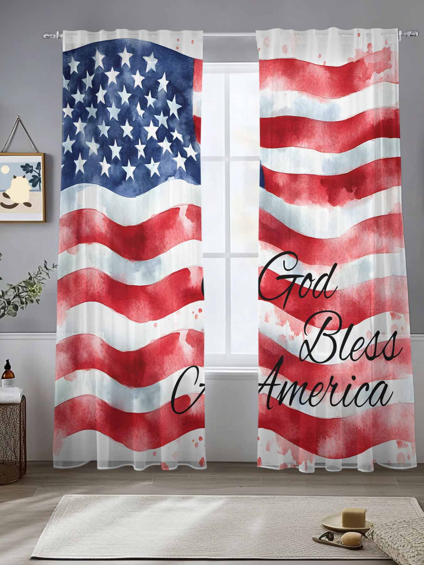 American Flag Sheer Curtains for Living Room Bedroom Red Blue ...