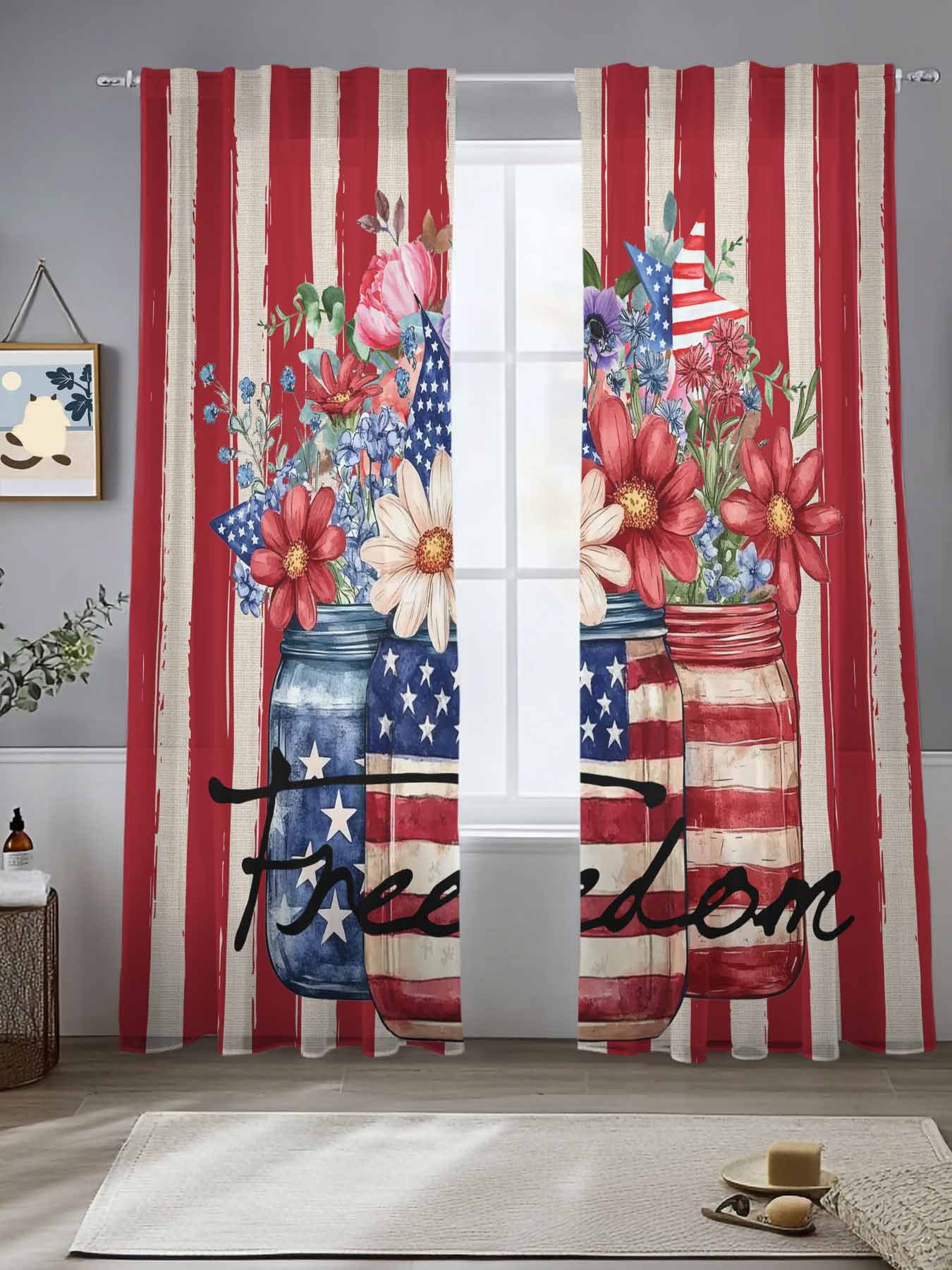 American Flag Sheer Curtains for Living Room Bedroom Red Stripe Blue ...