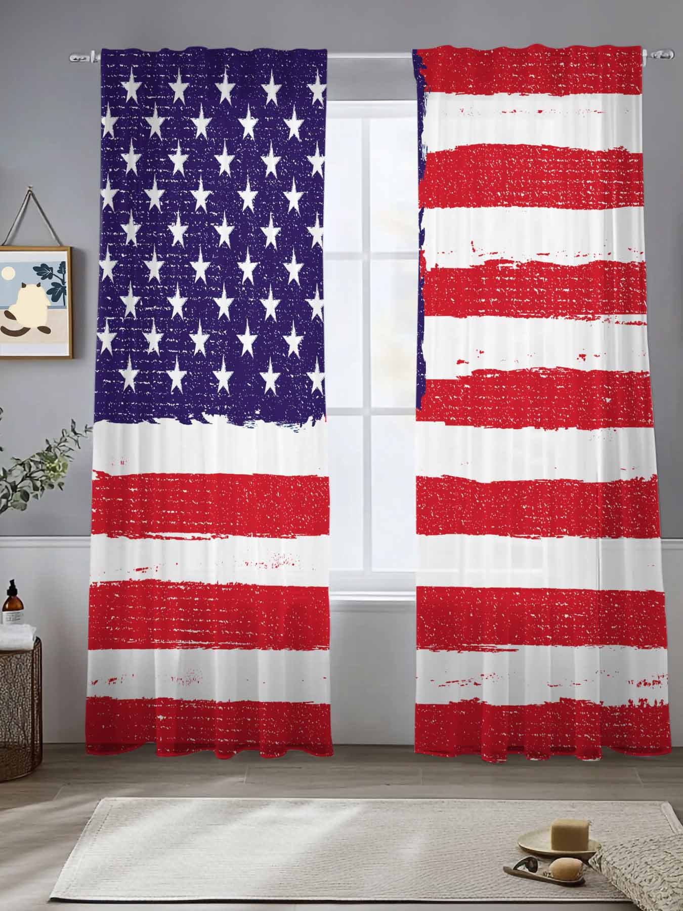 American Flag Sheer Curtains for Living Room Bedroom Retro Rustic Stars ...