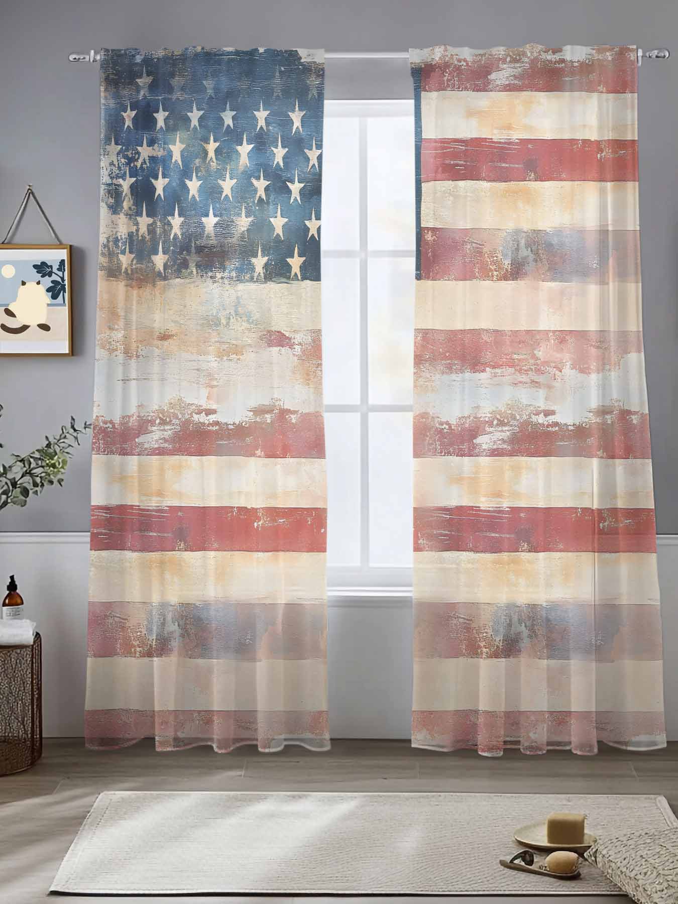 American Flag Sheer Curtains for Living Room Bedroom Rustic Star ...