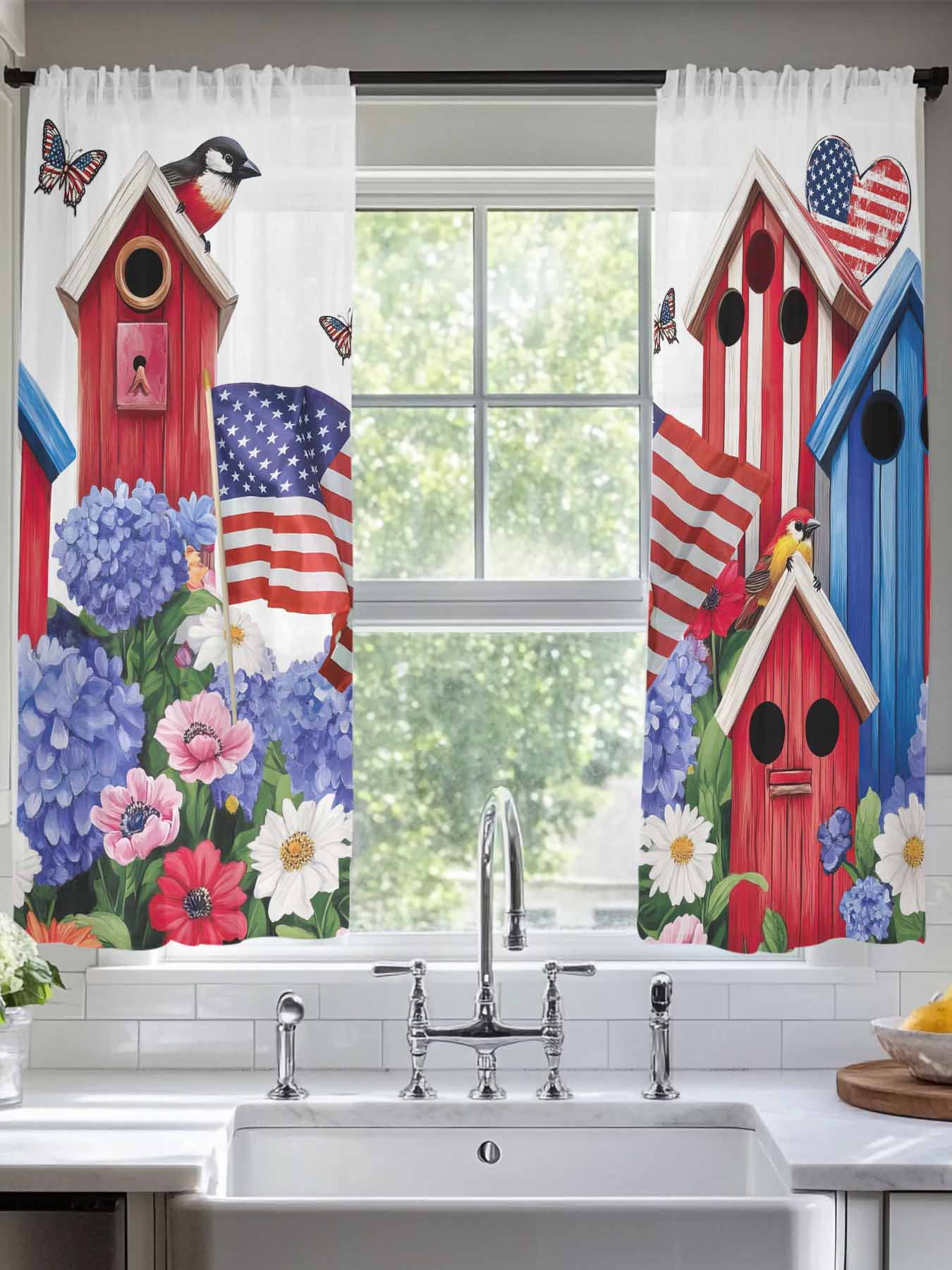 American Flag Sheer Curtains for Living Room Bedroom Spring Garden ...