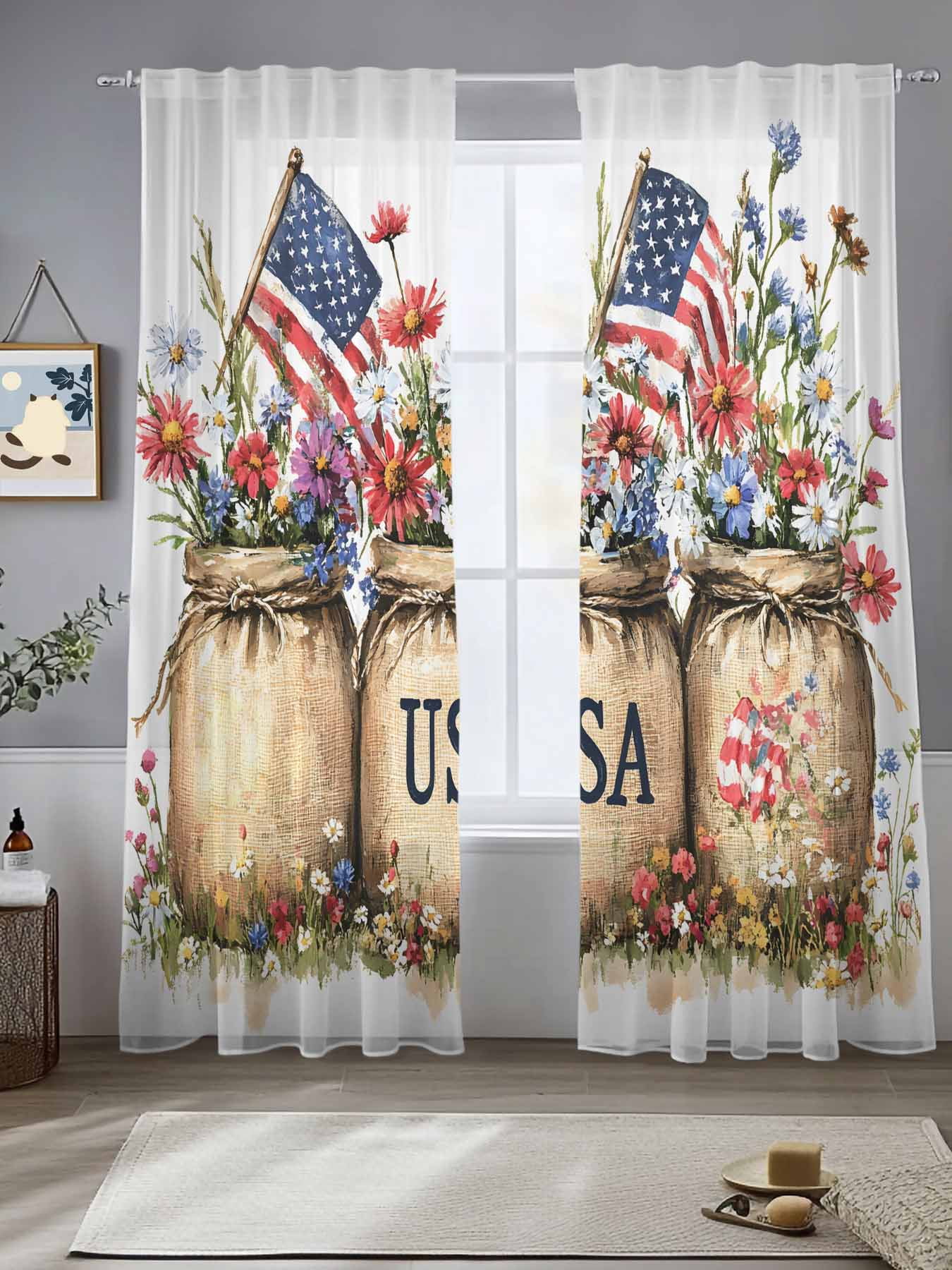 American Flag Sheer Curtains for Living Room Bedroom Vintage Daisy ...