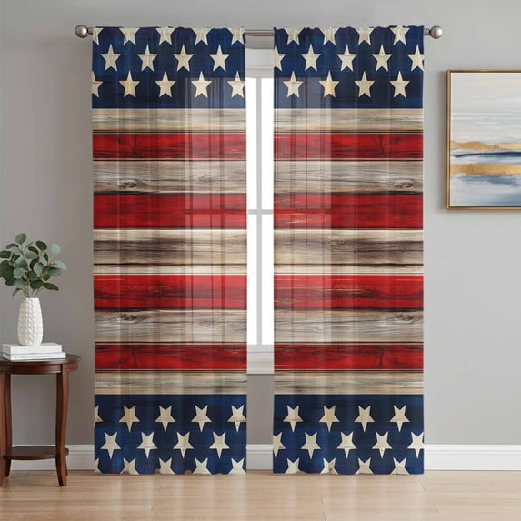 American Flag Sheer Curtains for Living Room Bedroom Vintage Wooden Red ...