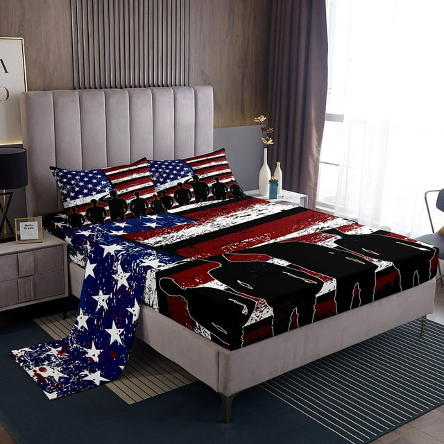American Flag Sheet Set Soldier Silhouettes Bed Sheets Set for Veteran ...