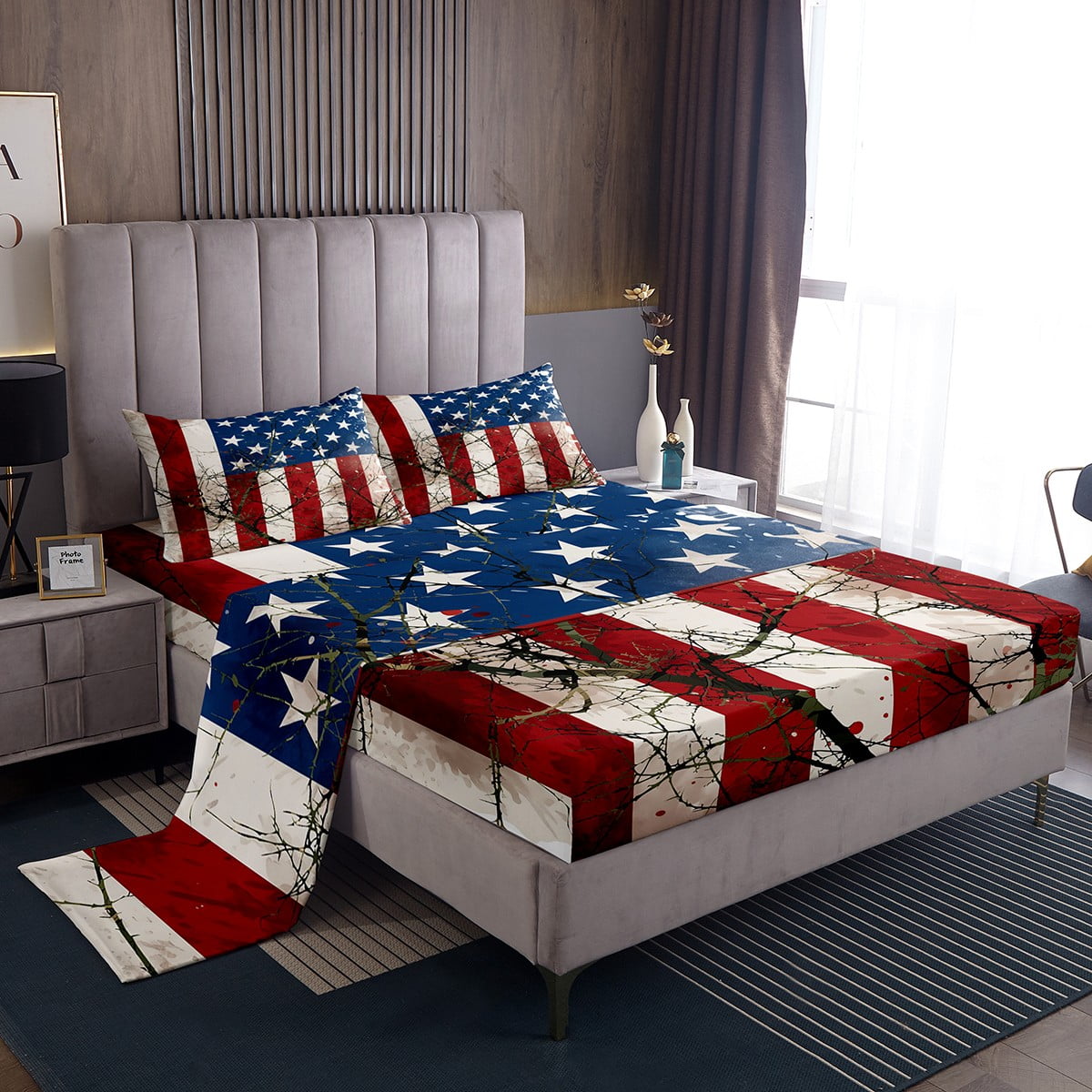 American Flag Sheet Set Stars and Stripes Queen Bed Sheets Set, Wooden ...
