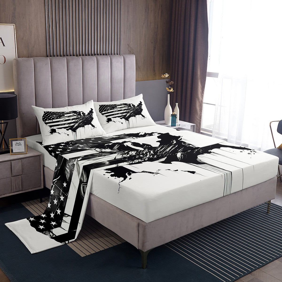 American Flag Sheet Set Teens Adults,Black White USA Flag Bed Sheets ...