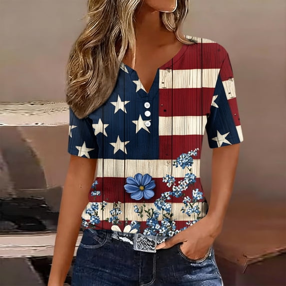 American Flag Shirt Women Plus Size Short Sleeve V-Neck 4Th Of July ...