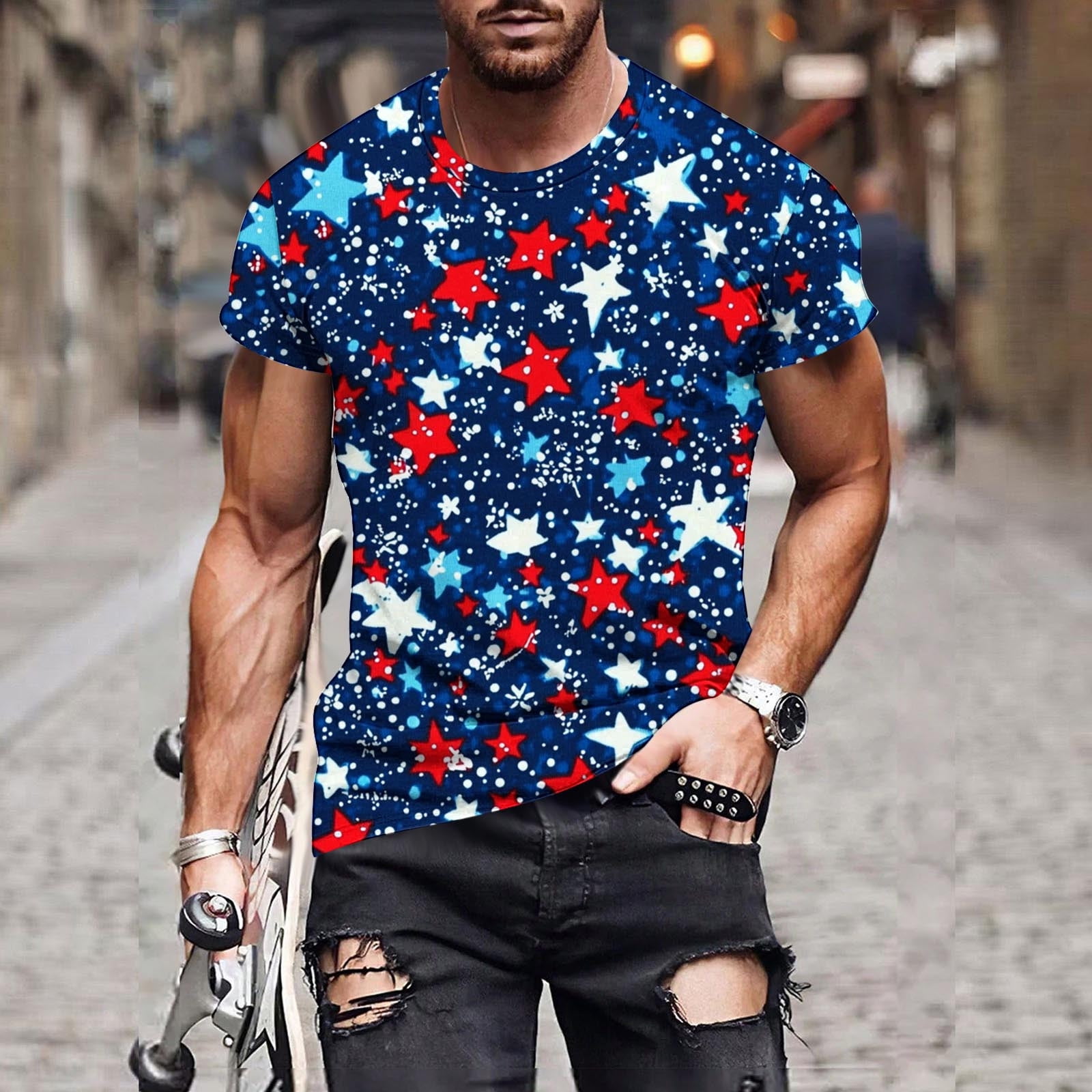 American Flag Shirts For Men USA 4Th Of July Round Neck Pullover ...