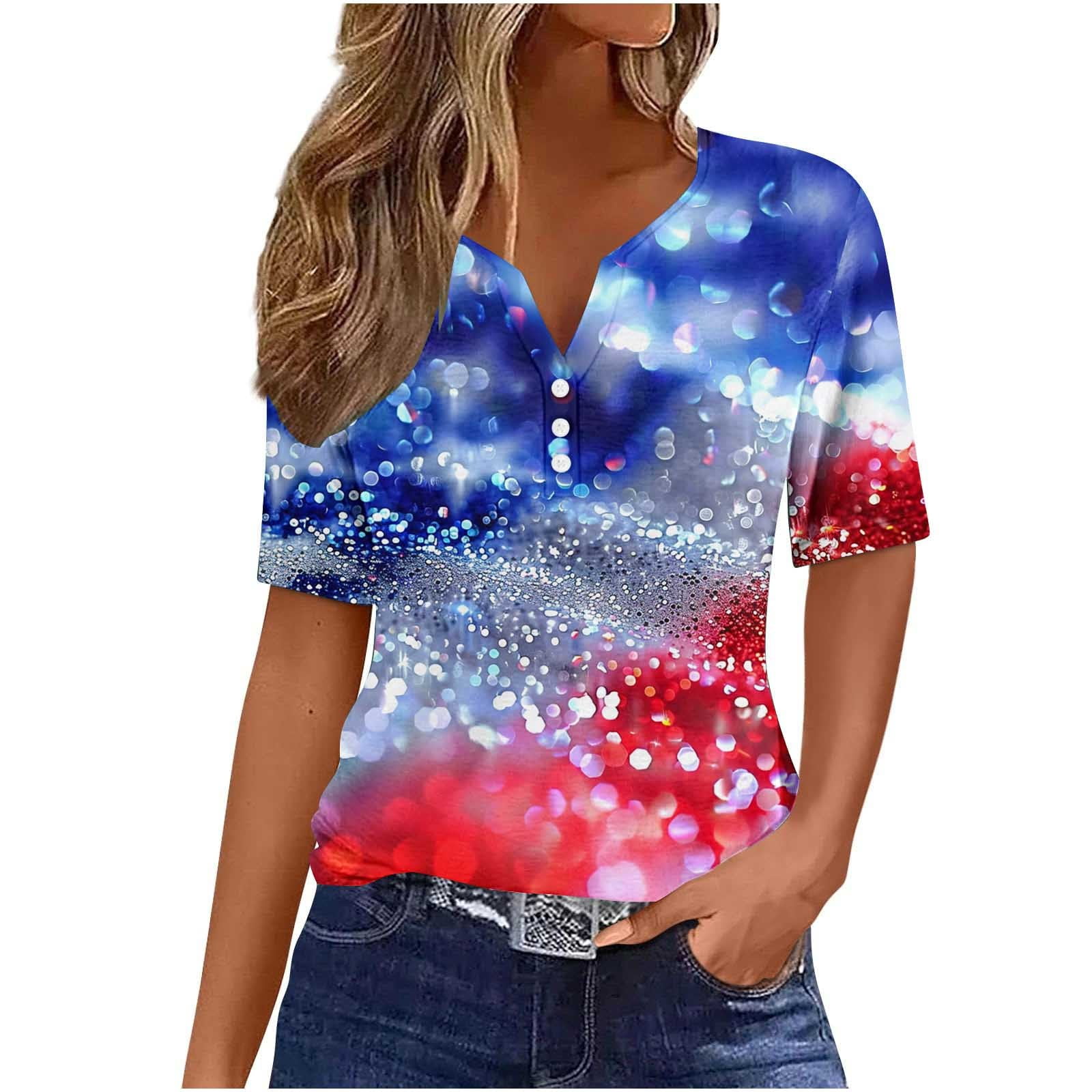 American Flag Shirts Women 4th of July Henley V-Neck Button Tunic Tees ...