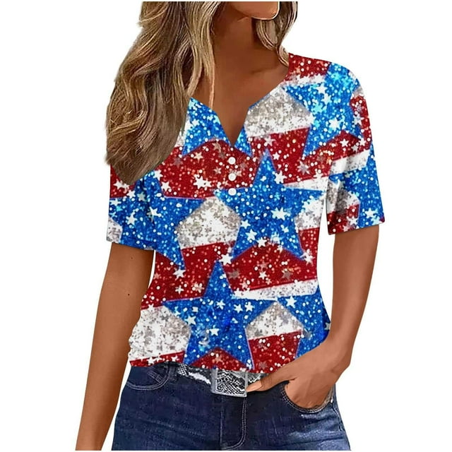American Flag Shirts Women 4th of July Henley V-Neck Button Tunic Tees ...