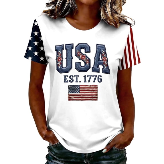 American Flag Shirts Women 4th of July V-Neck/Crew Neck Short Sleeve ...