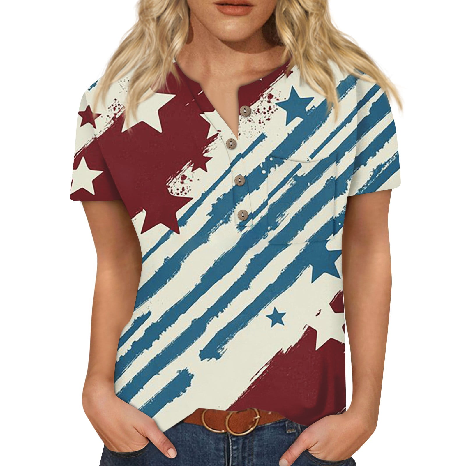 American Flag Shirts for Women Notch Neck Patriotic Celebration Blouse ...