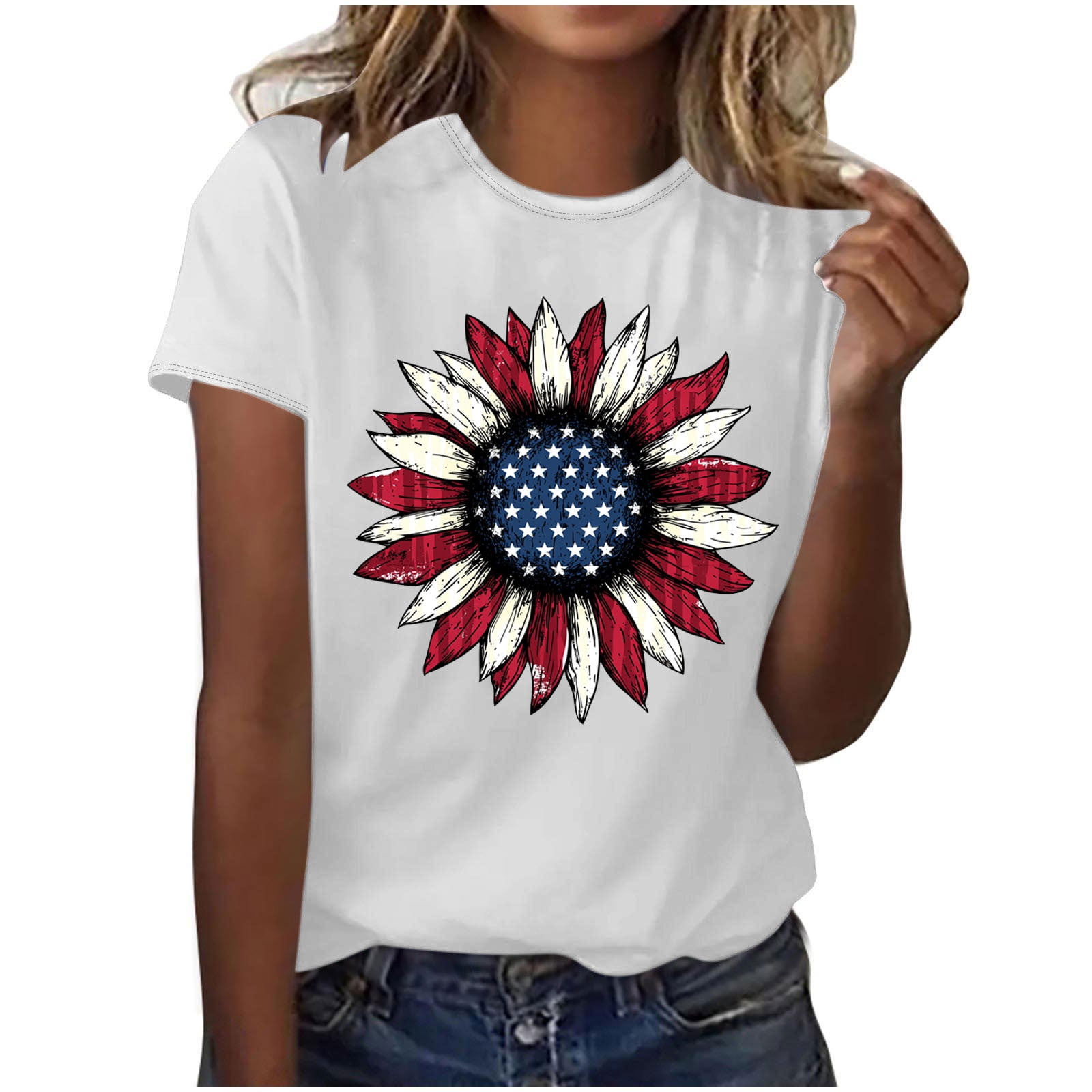American Flag Shirts for Womens USA Flag Sunflower Graphic Tshirts 2025 ...