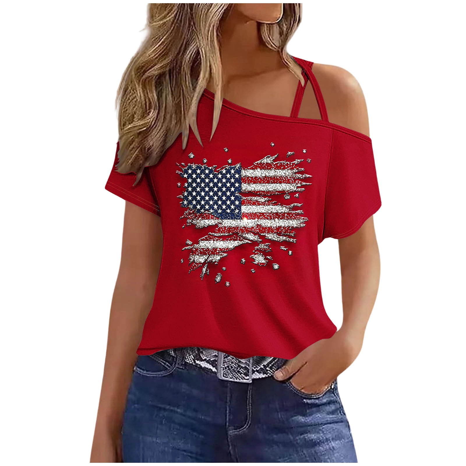 American Flag Shirts for Women USA Patriotic Off Shoulder T Shirt ...