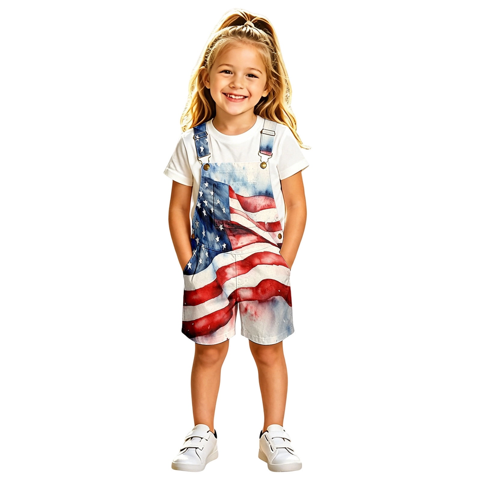 American Flag Short Overalls, Watercolor Wave Print 4th of July Kids ...