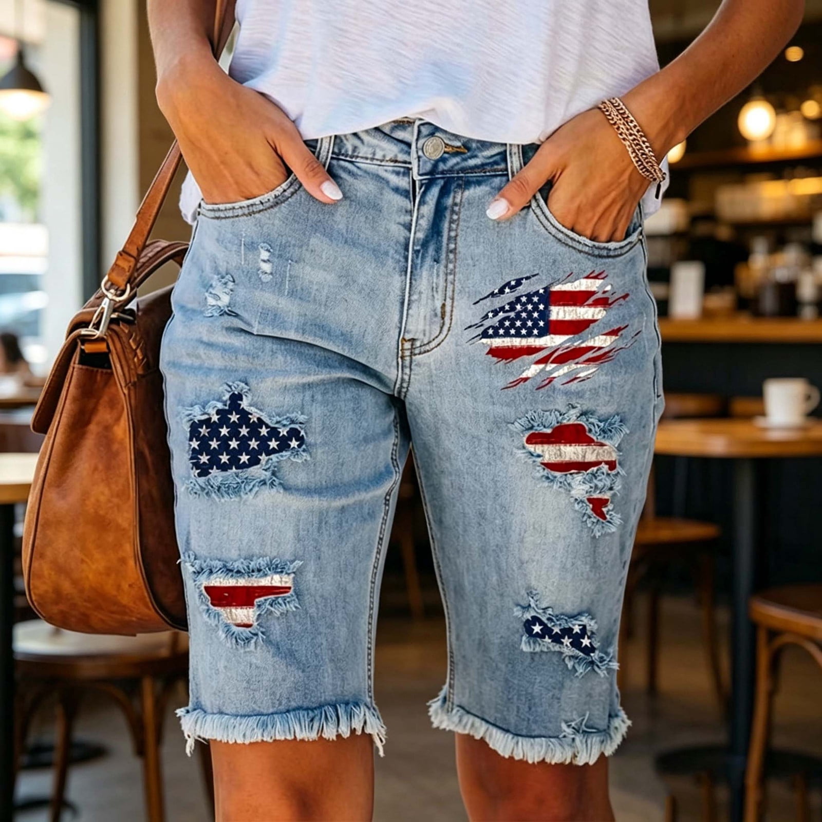 American Flag Shorts for Women Ripped Jean Bermuda Shorts 250th ...