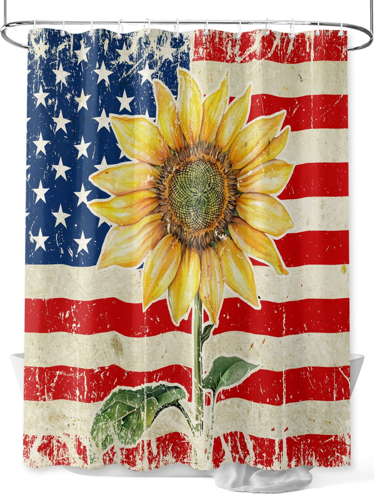 American Flag Shower Curtain 36"W x 78"L Vintage Sunflowers Navy Blue ...