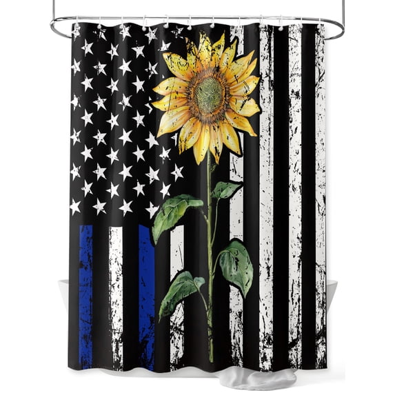 American Flag Shower Curtain 60"W x 72"L Retro Patriotic Sunflowers ...