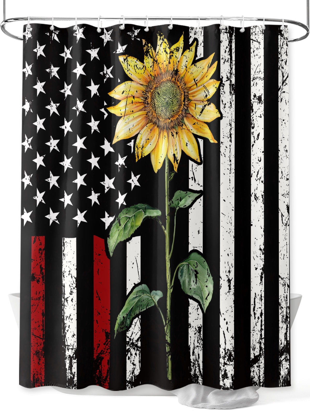 American Flag Shower Curtain 72"W x 84"L Retro Patriotic Sunflowers ...