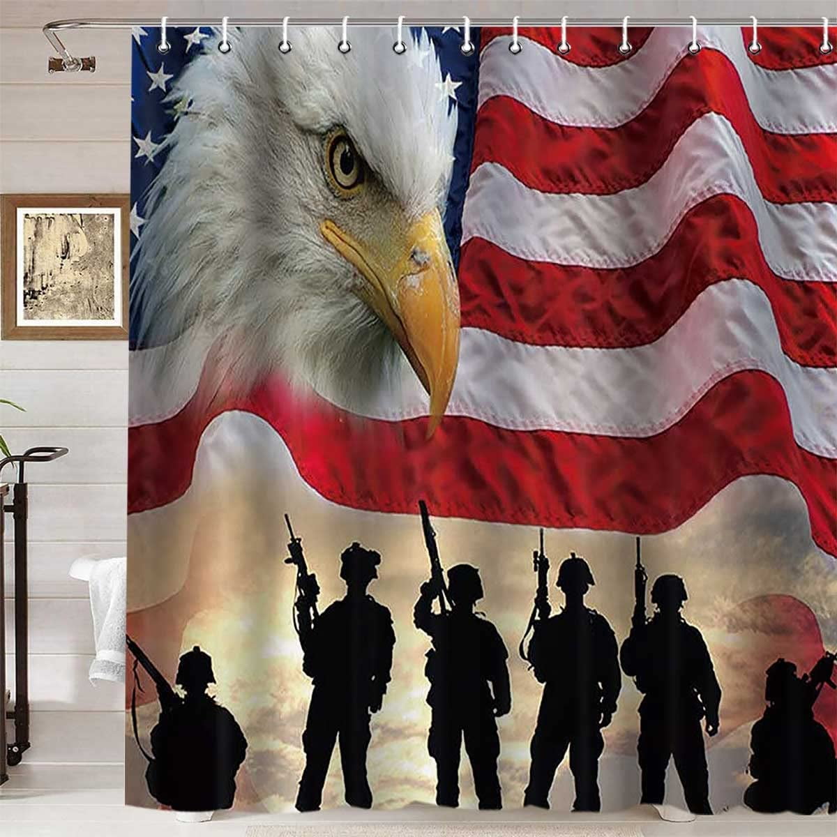 American Flag Shower Curtain, Bald Eagle Hawk Bird Soldiers Stars and ...