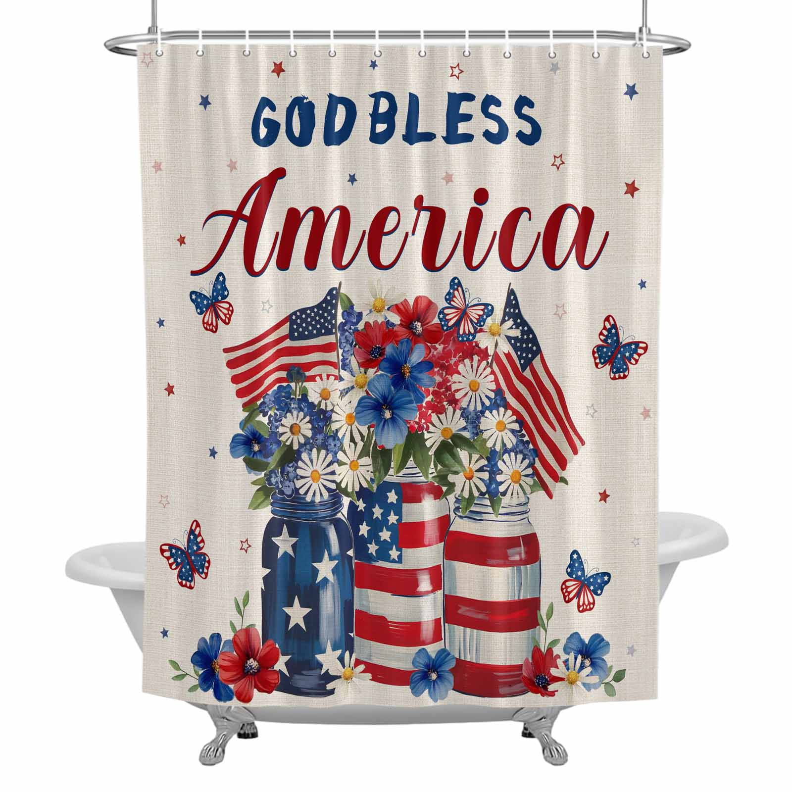 American Flag Shower Curtain for Bathroom, Red Blue Flowers ...