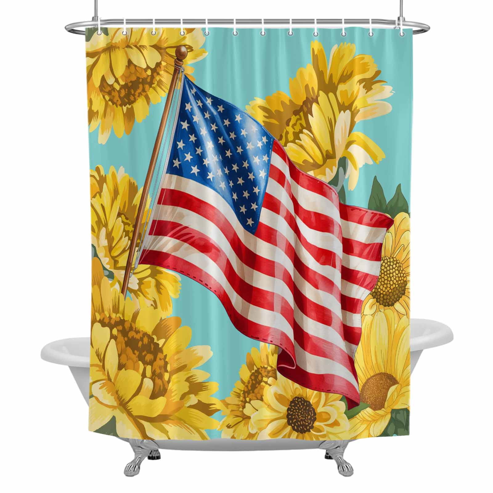 American Flag Shower Curtain for Bathroom, Vintage Yellow Dasiy Flowers ...