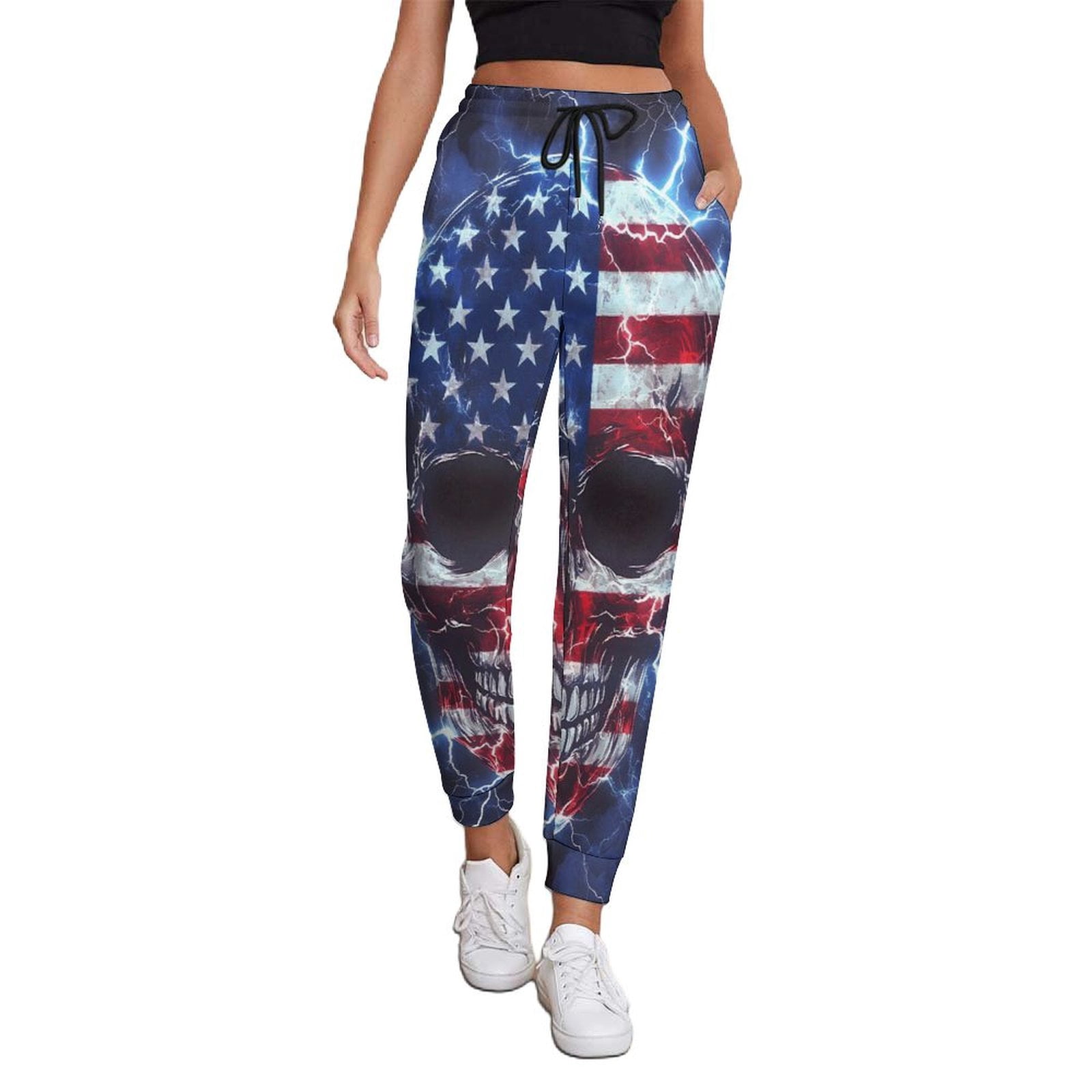 American Flag Skull And Lightning Sweatpants for Womens High Waisted ...