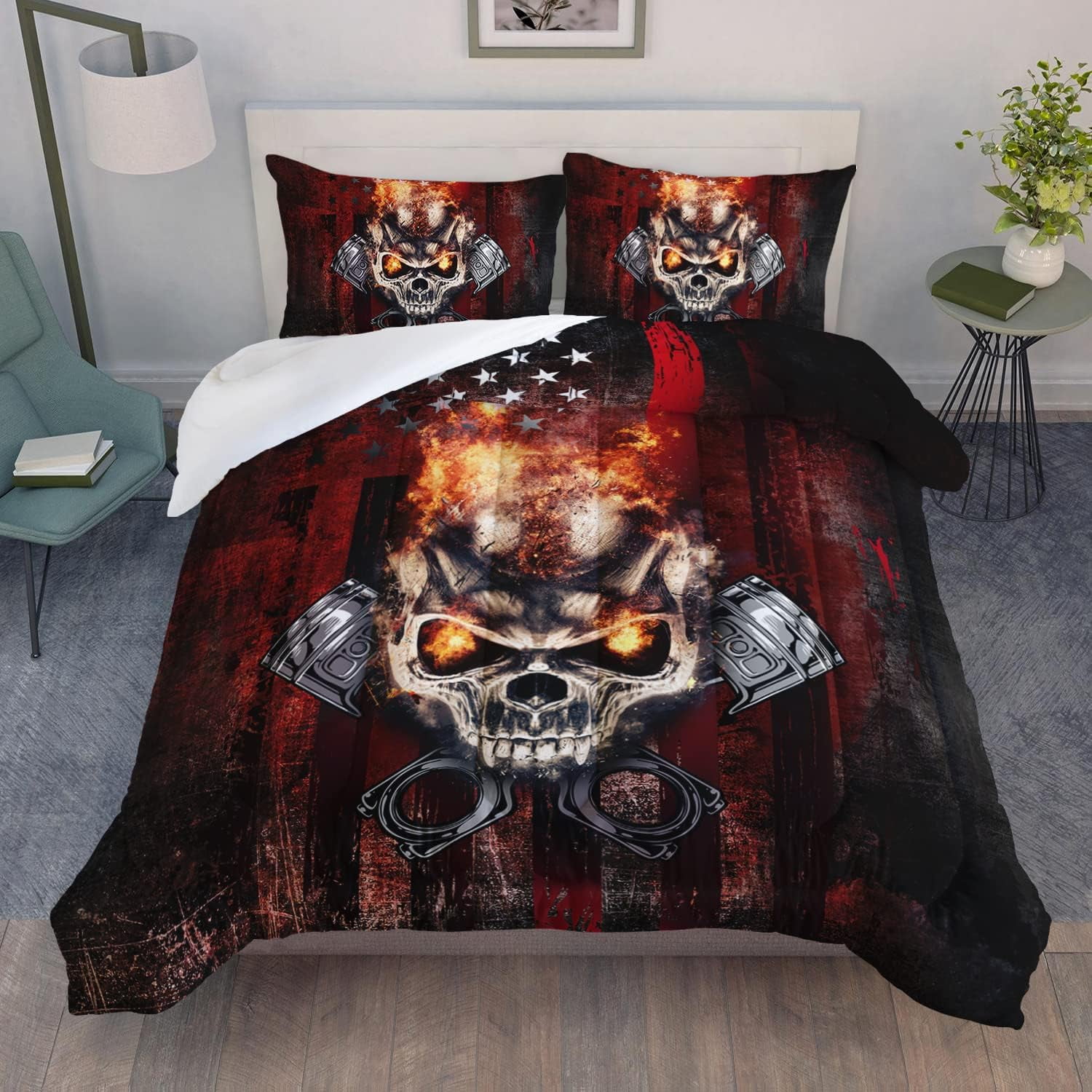 American Flag Skull Bedding Set: Flame Skeleton Skull Comforter Set ...