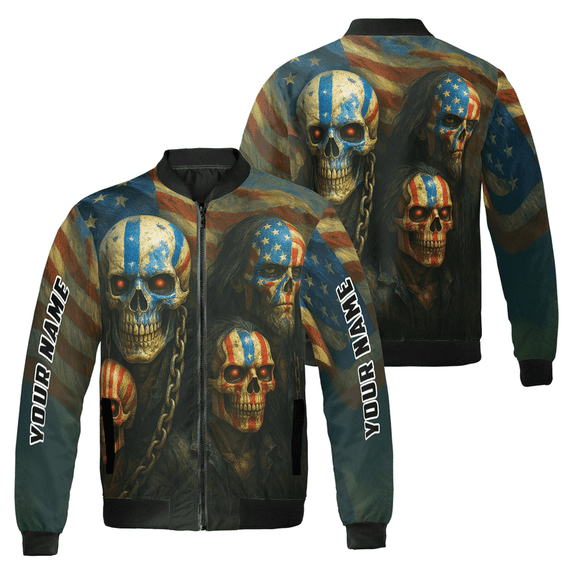 American Flag Skull Bomber Jacket – Custom Name Gothic Biker Jacket ...