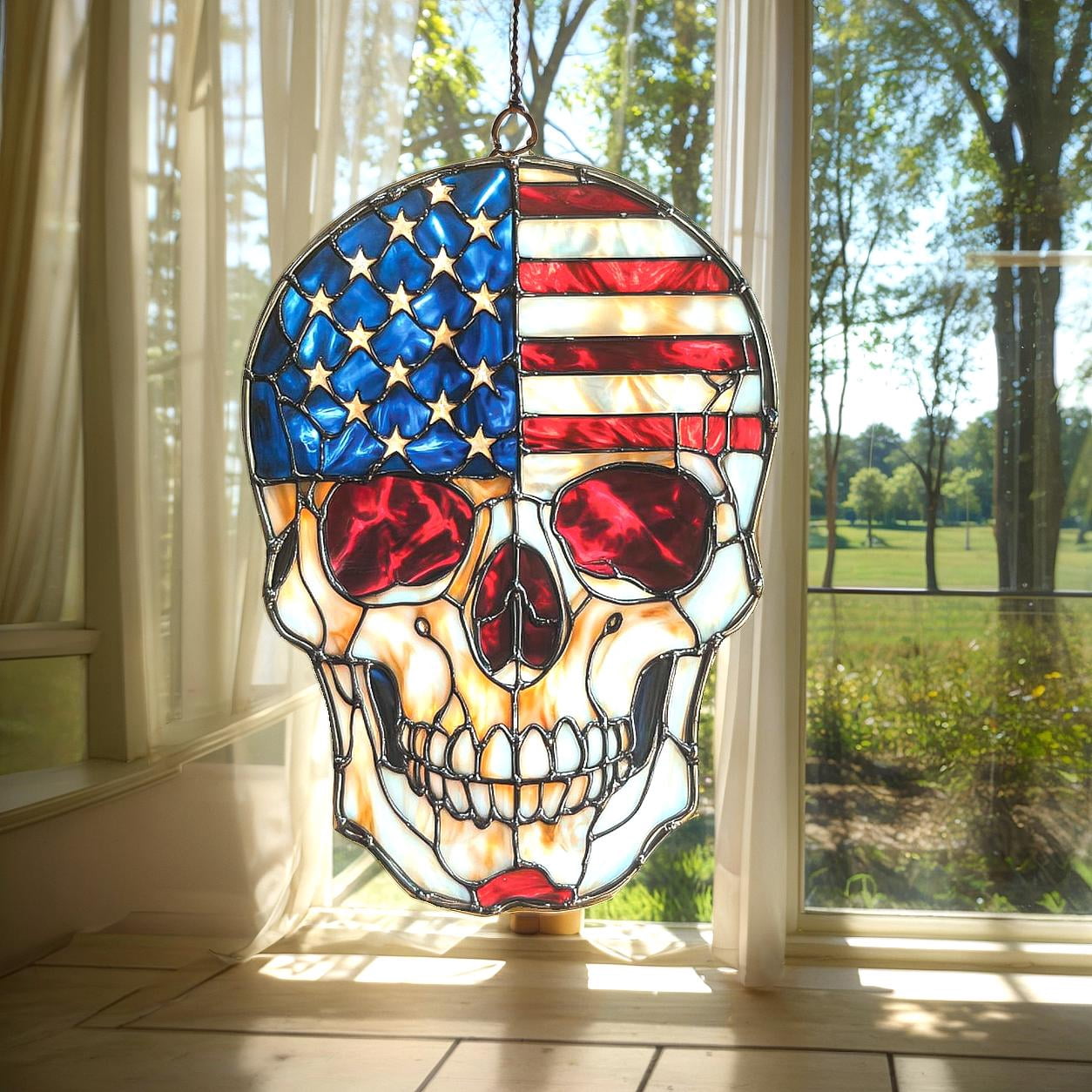 American Flag Skull Faux Wavy Acrylic Wavy Acrylic Suncatcher ...