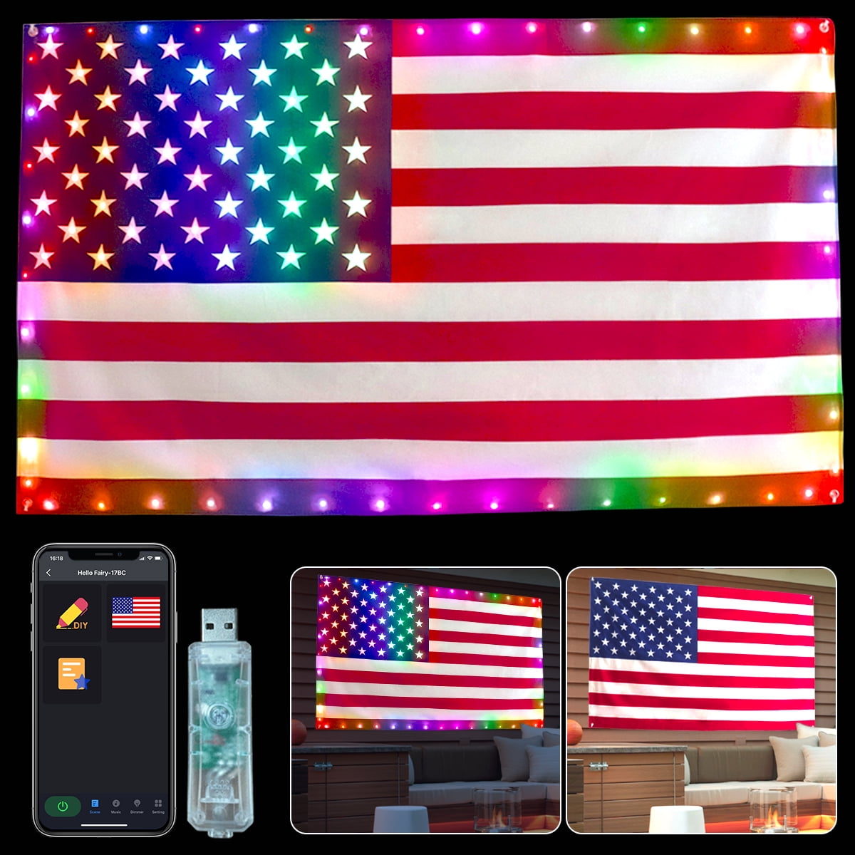 American Flag Smart Lights 3x5FT 98LED 4th of July USB Plug with LED ...