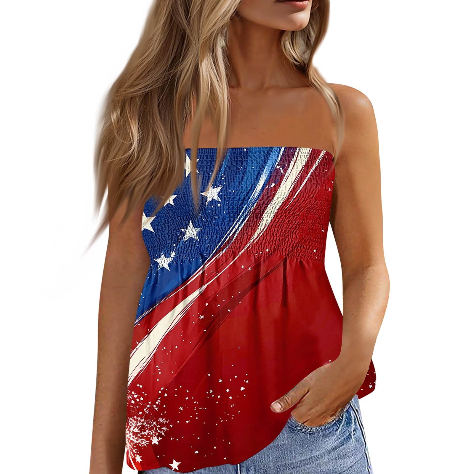 American Flag Smocked Strapless Bandeau Tank Women 4th of July ...