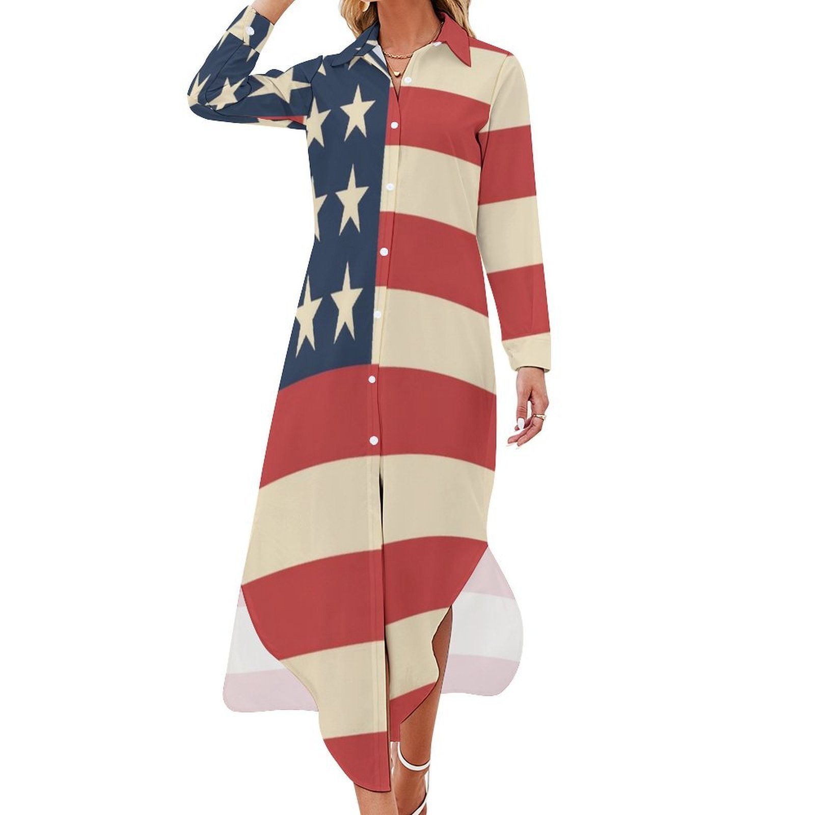 American Flag Star And Stripe Pattern Shirt Dress Long Sleeve Street ...