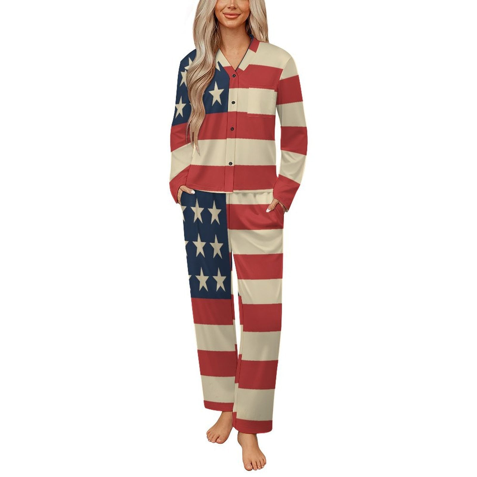 American Flag Star And Stripe Pattern Womens Pyjamas Set Button Up ...
