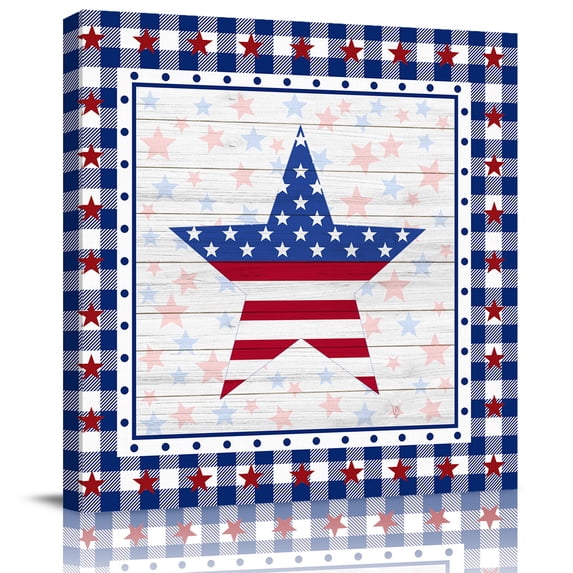 American Flag Star Independence Day Blue Check Canvas Artwork Painting ...