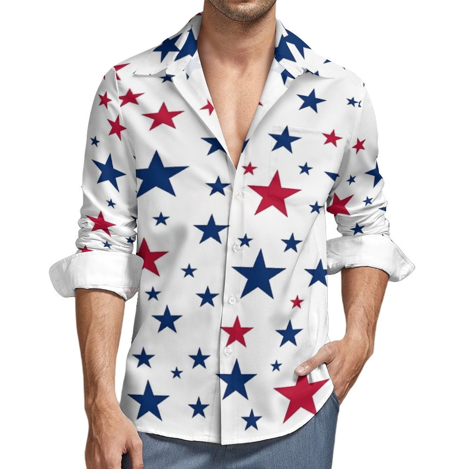 American Flag Star Pattern Hawaiian Shirt for Men Long Sleeve Button ...