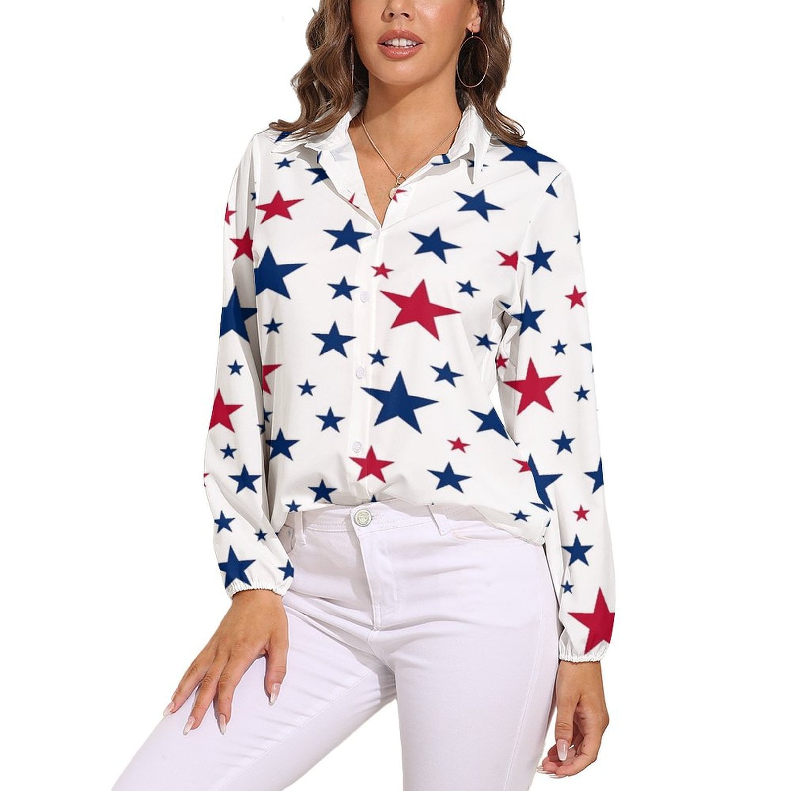 American Flag Star Pattern Long Sleeve Blouse Woman Streetwear Casual ...