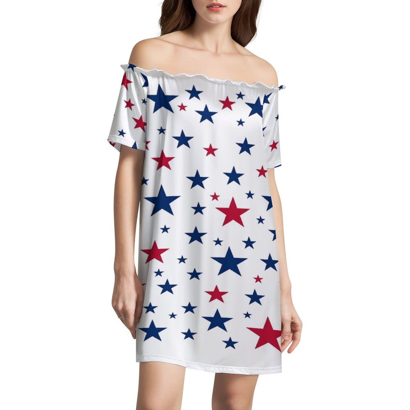 American Flag Star Pattern Women's Summer Loose Dress Off Shoulder ...