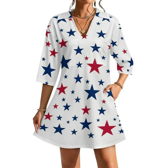 American Flag Star Pattern Womens Dress With Pockets Summer V Neck 3/4 ...
