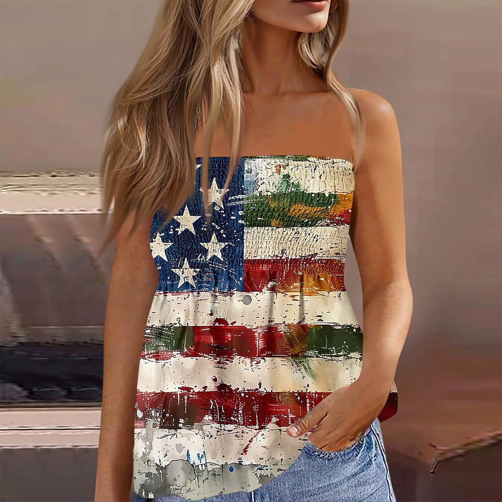 American Flag Strapless Bandeau Tank Women 4th of July Sleeveless ...