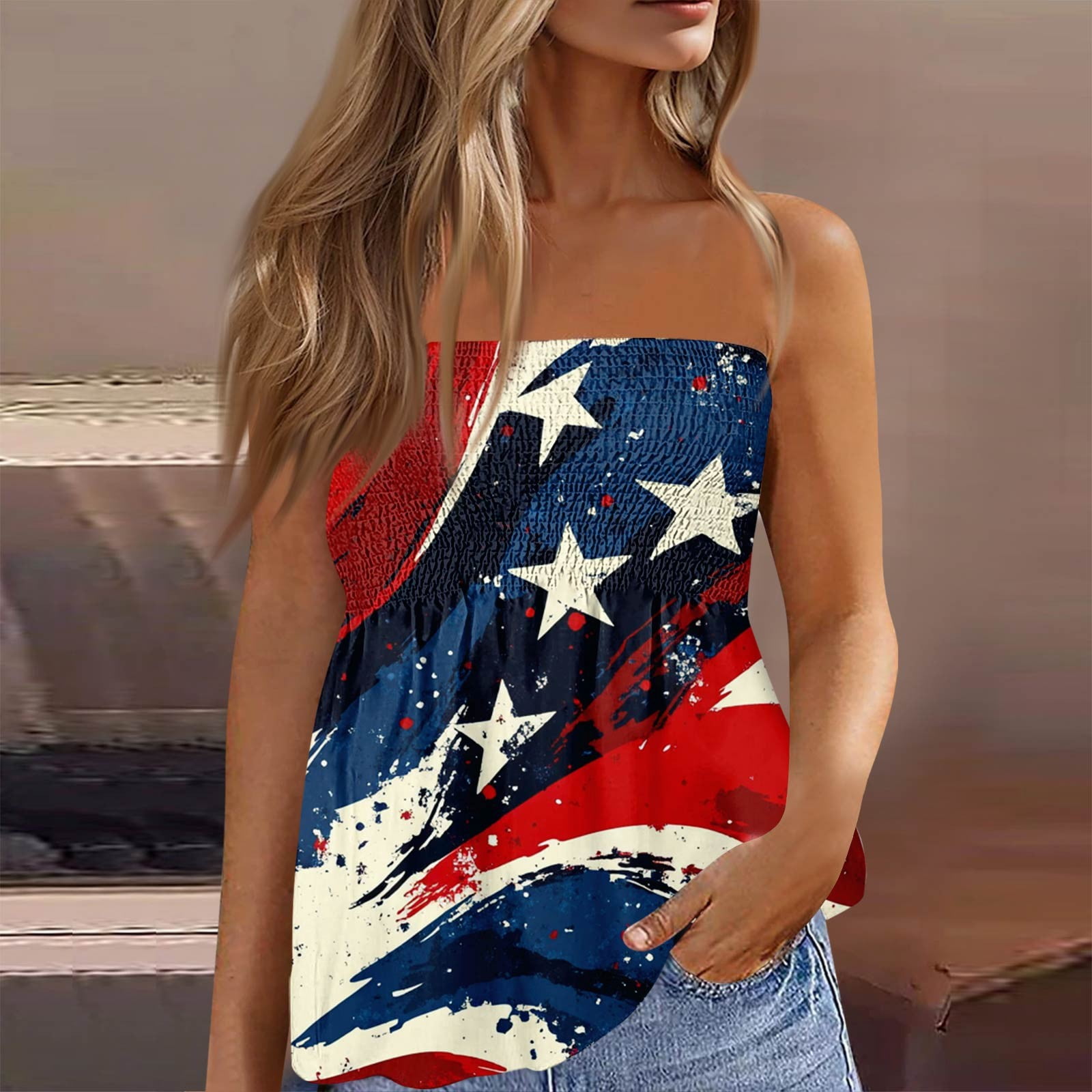 American Flag Strapless Bandeau Tank Women 4th of July Sleeveless ...